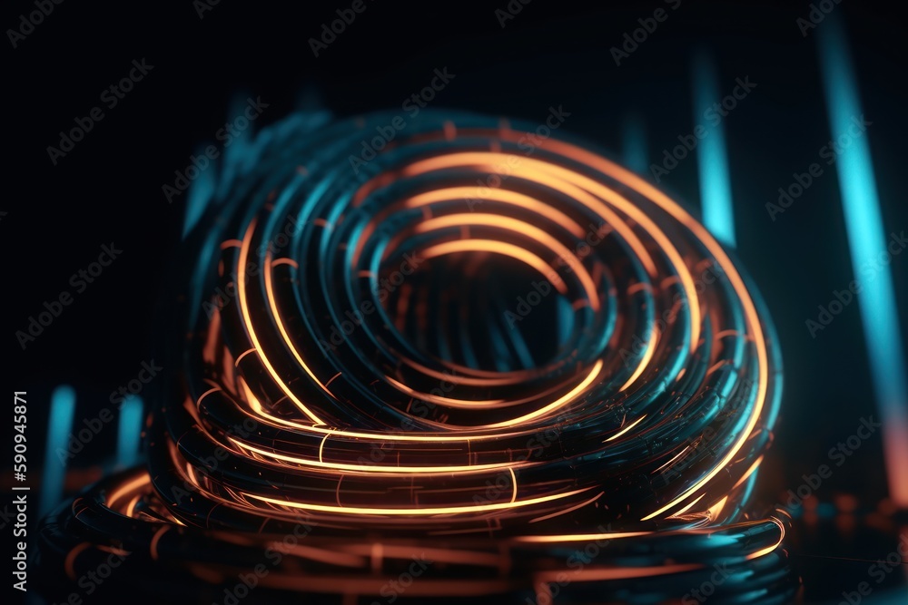 3d render, abstract geometric neon background, glowing spiral line ...