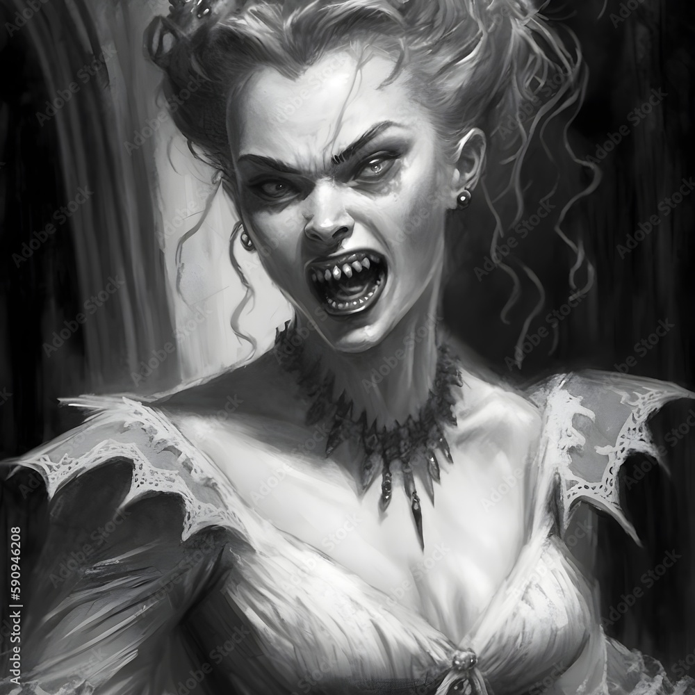 a beautiful vampire leaning in zoomed in snarling teeth black and white ...