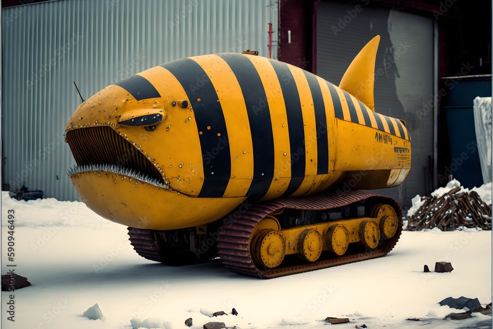 giant industrial fish made by caterpillar earth movers yellow and black ...