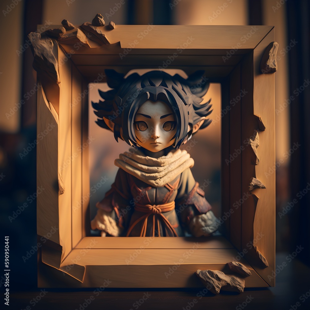 Japanese wood square frame gods manga style dynamic pose Unreal Engine ...