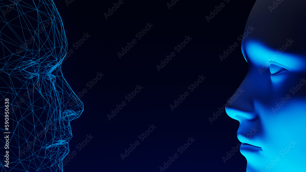 Conceptual background of a human face and an AI face looking at each ...