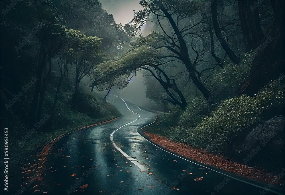 Road in foggy forest in rainy day in spring. Beautiful mountain curved ...