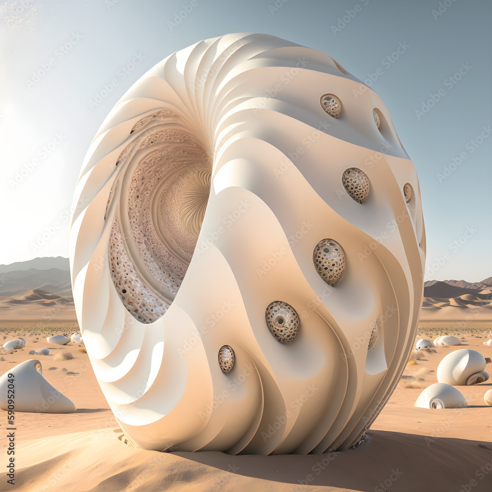 hyper realistic giant tall organic textured spiral shell in the dessert ...