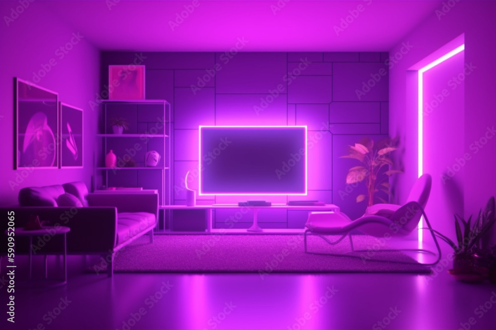 purple room 3d with big tv, neon, 8k, super realistic, minimalism style ...