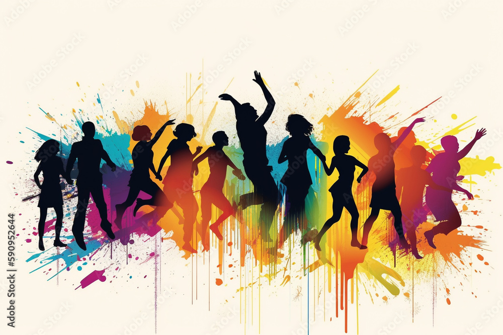 Dance logo, crowd of people dancing, silhouette with vibrant rainbow colors. Stock Illustration ...
