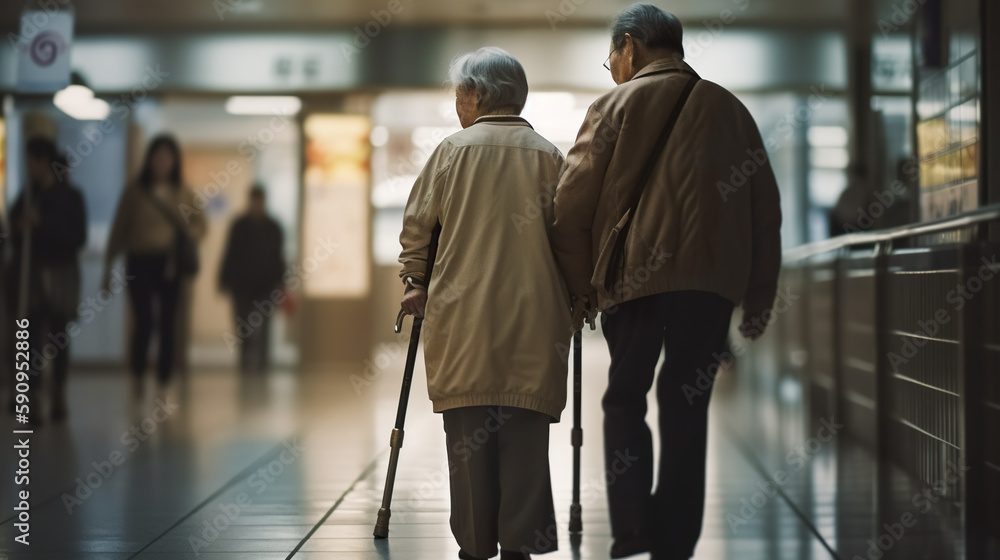 Elderly person using a walking aid with a relative, caregiver in a ...