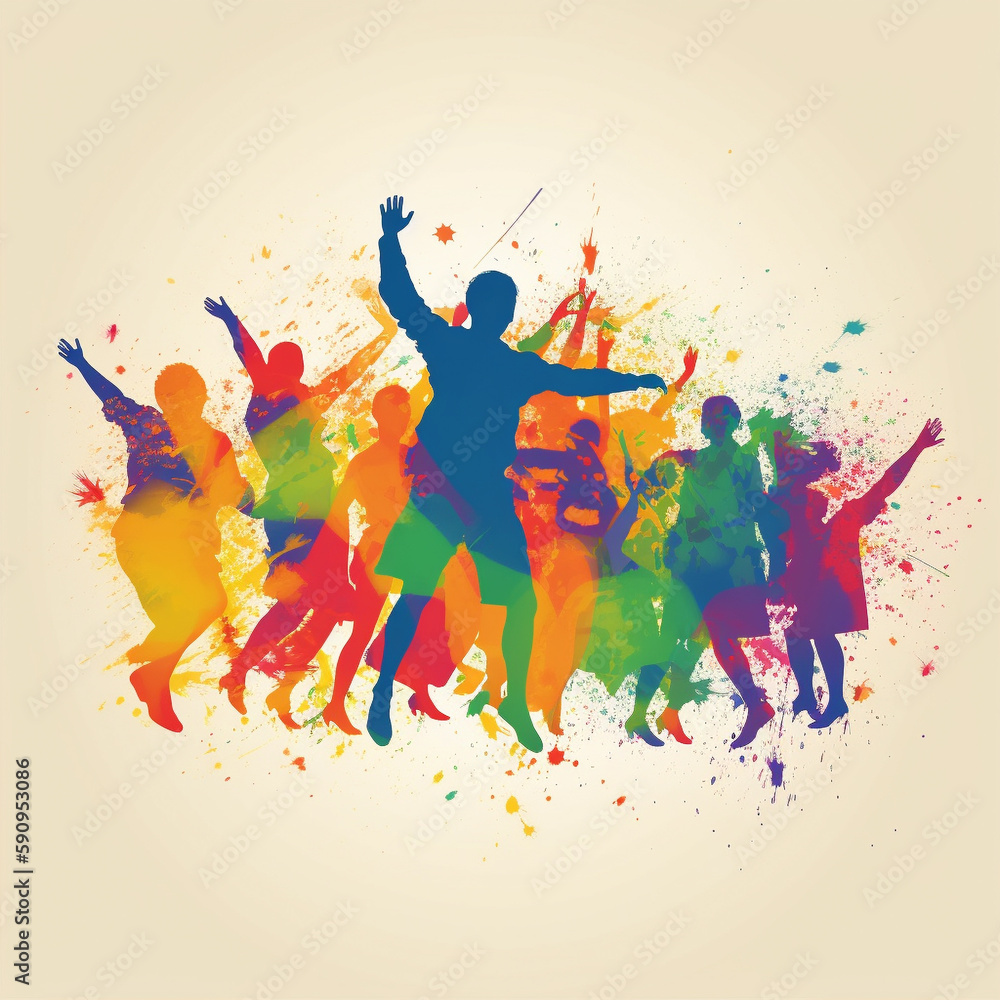 Dance logo, crowd of people dancing, silhouette with vibrant rainbow ...