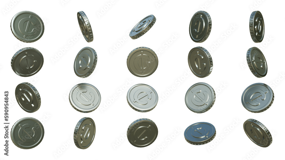 3D rendering of set of abstract Ghanaian cedi coin concept in different ...