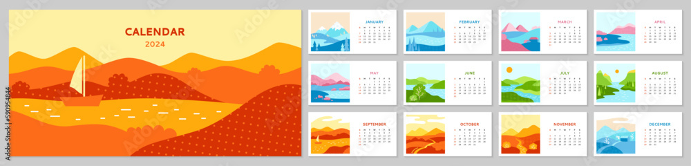 Calendar 2023 with landscape set. Abstract minimalist nature scenery ...