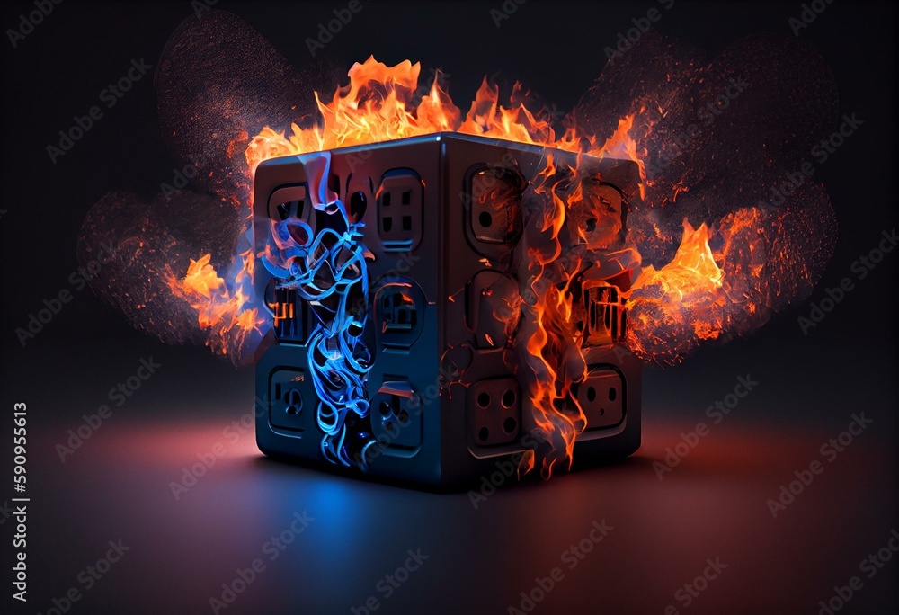 power cube strip with electrical plugs burns with open flame in room ...