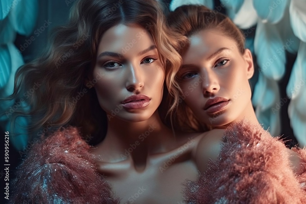 full body fashion editorial photography of 2 women models, stunningly ...