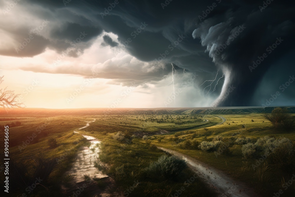 Tornado In Stormy Landscape. Hurricane wind. Climate Change And Natural ...
