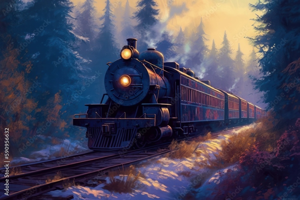 Train rides in a forest area, retro style. Vintage steam locomotive. AI ...