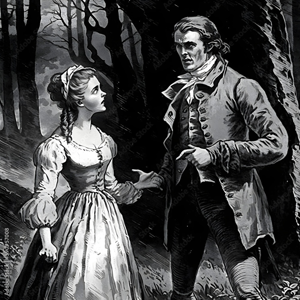 black and white illustration 1800 Scotland forest shabby dressed man ...
