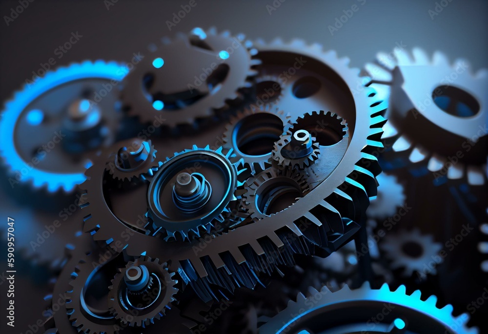 Mechanism black-blue metallic gears and cogs at work on white ...