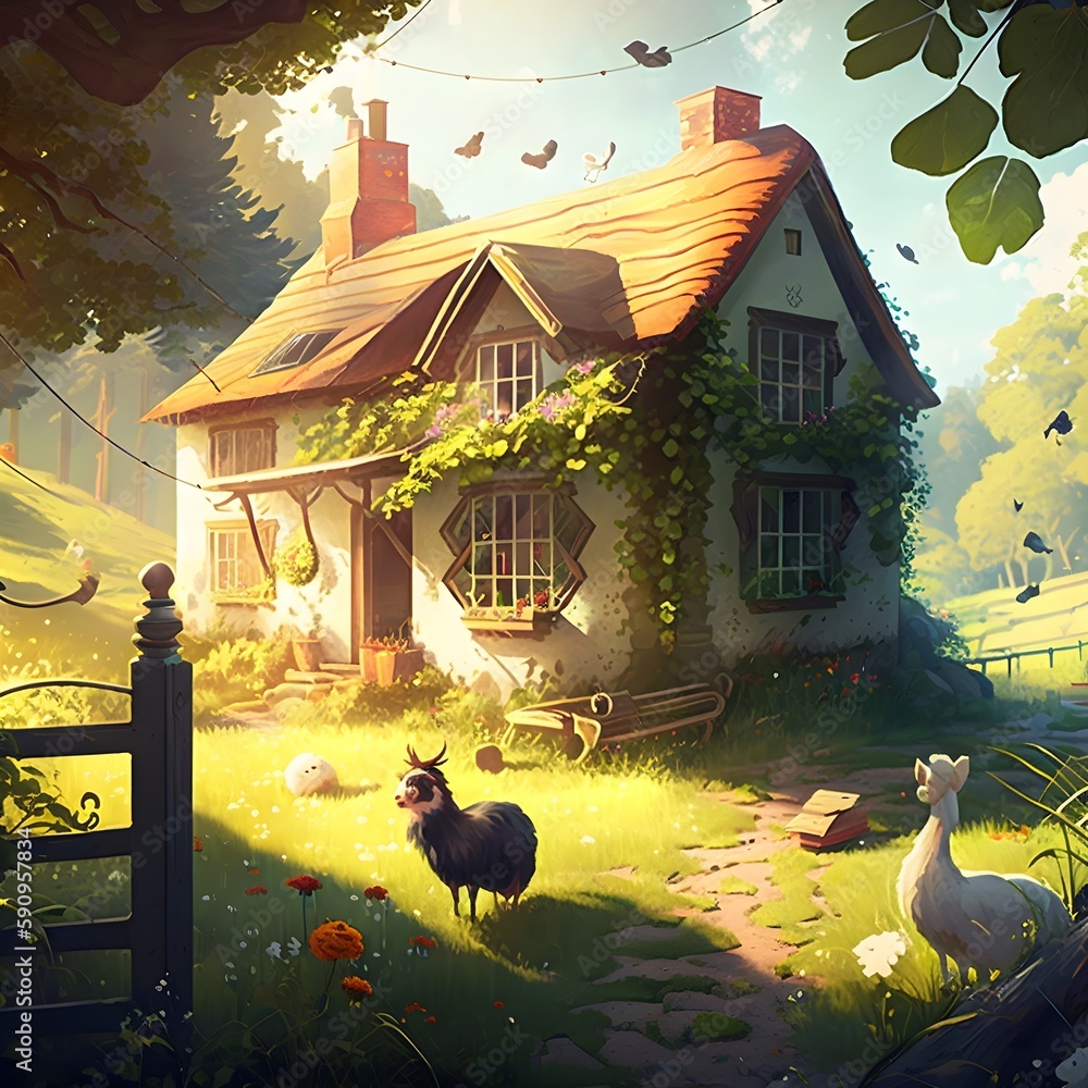homestead with lush vegetation and animals sunny light beams cute ...