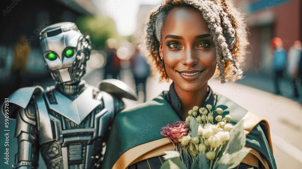 Young Woman in Graduation Gown Receives Flower Bouquet from Joyful ...