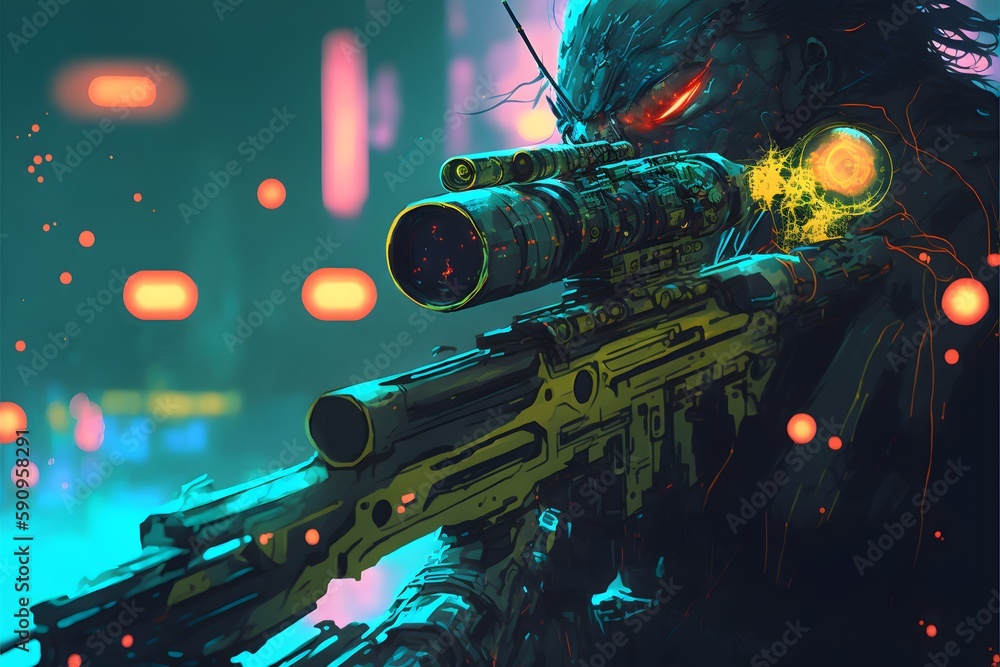 an advanced scifi sniper rifle neon highlights on the barrel cyberpunk ...