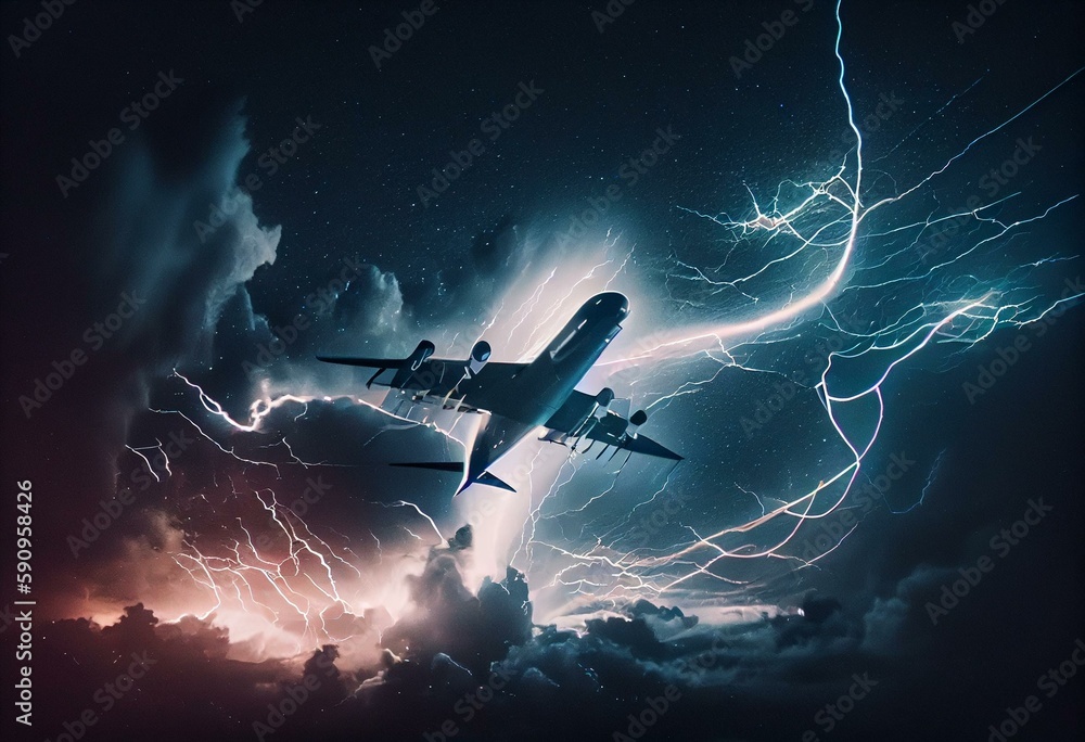 A plane in full flight against a night sky shaken by lightning bolts ...