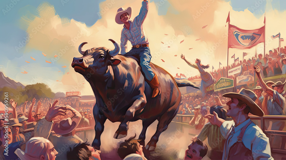 Cowboy Up: Bull Riding Illustration with Texan Flag and Blue Skies ...