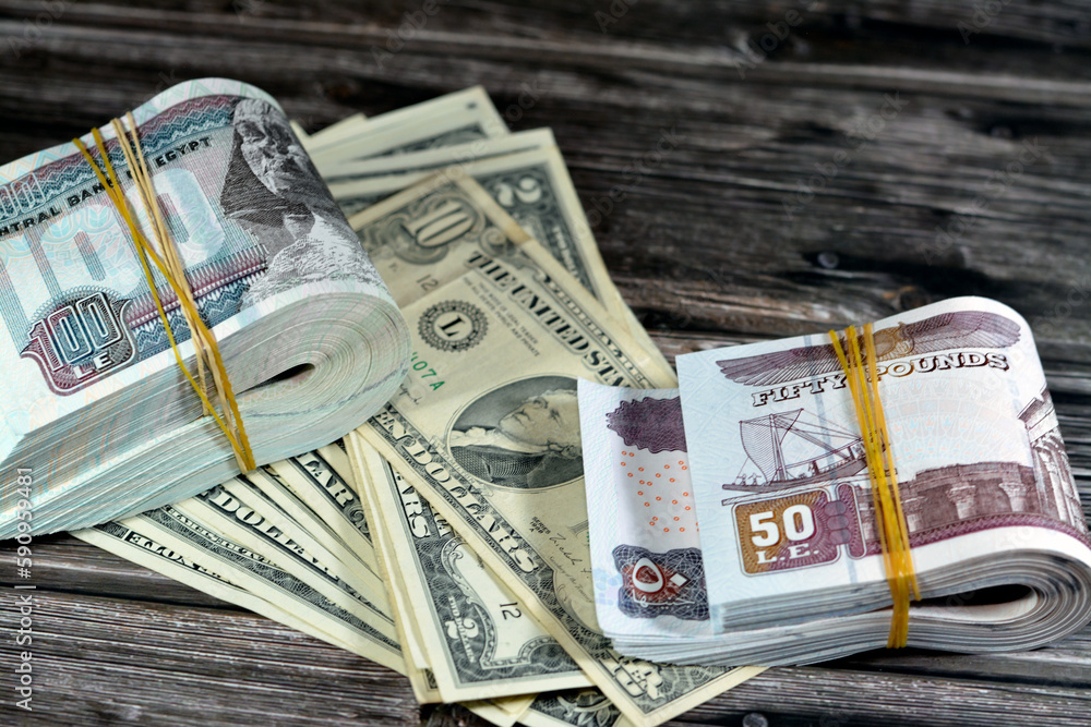 Folded stack Egypt money banknote bills of 100 and 50 EGP LE one ...