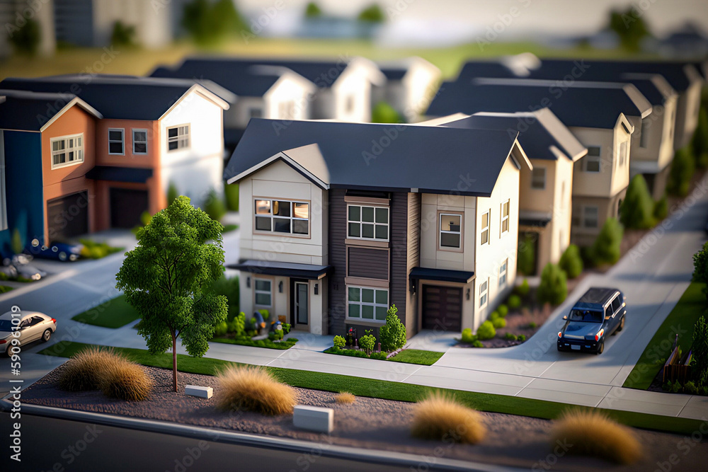 Miniature model of suburban development. Private houses, driveway. AI ...