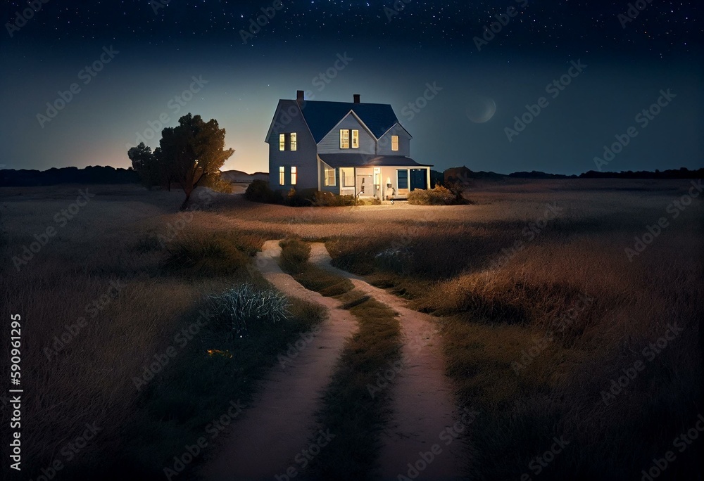 film still, landscape, one suburban house next to a n open field, night ...