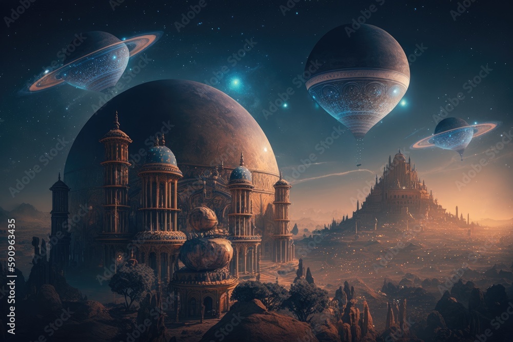futuristic city under a sky filled with multiple planets. Generative AI ...