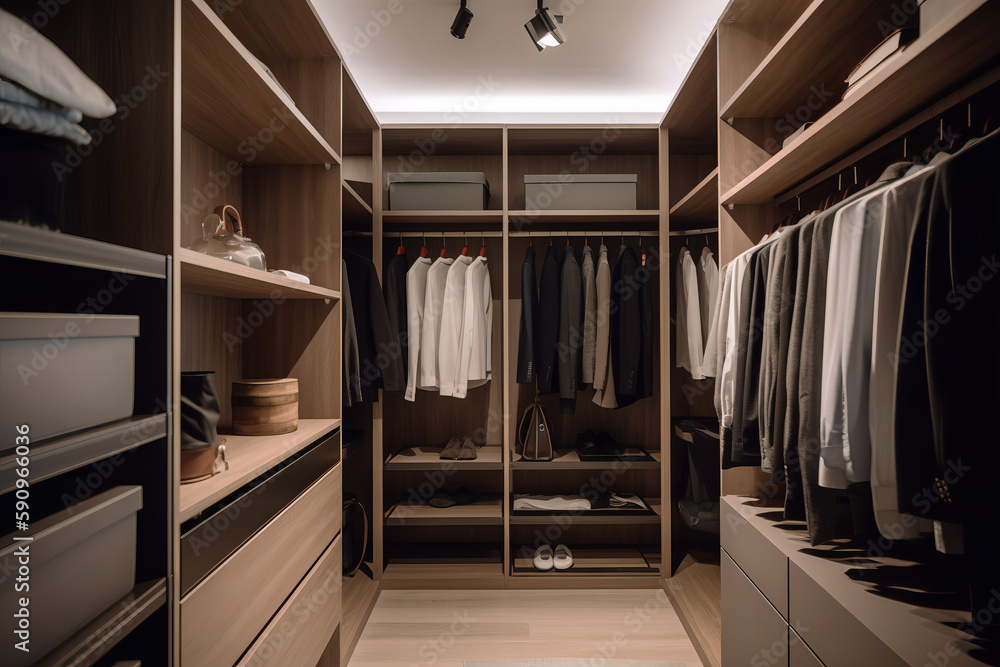 Front view of a sleek wooden wardrobe with hanging clothes in a tidy ...