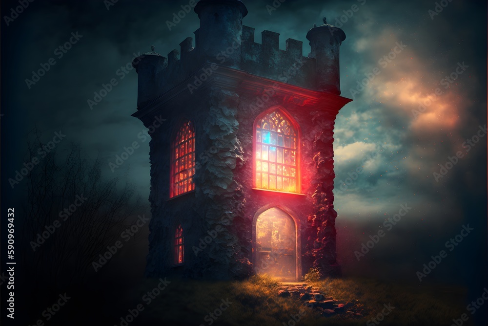 high tower of an old castle at night through the window you can see a ...