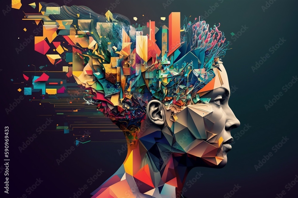 Colorful 3D collage illustration representing a mind interfacing with ...