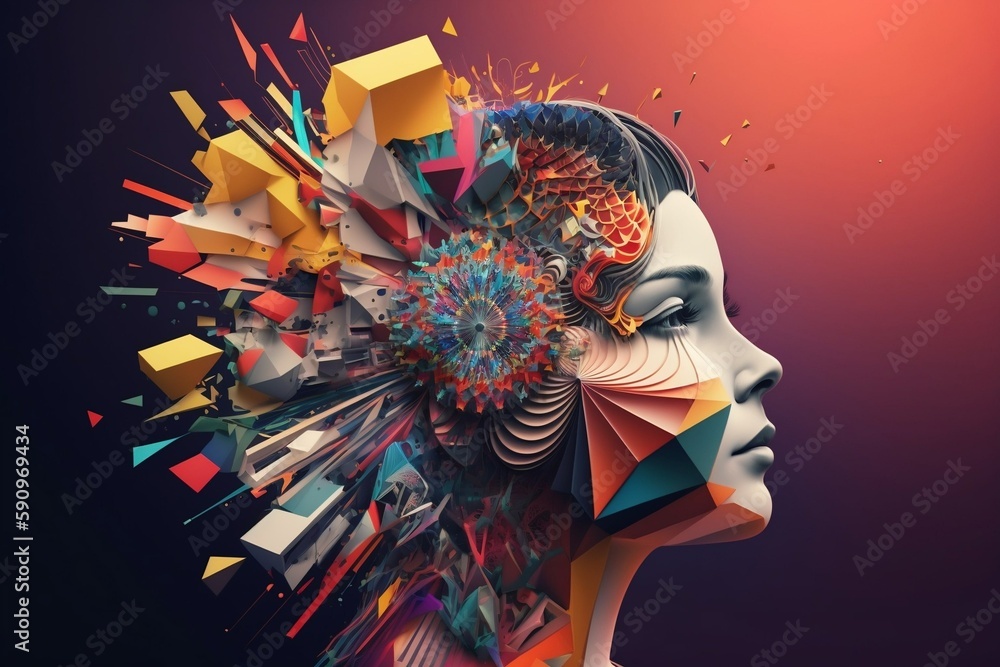 Colorful 3D collage illustration representing a person with a creative ...