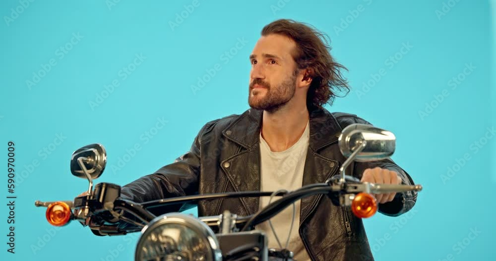 Motorbike, studio and man with travel on a ride adventure with wind in ...