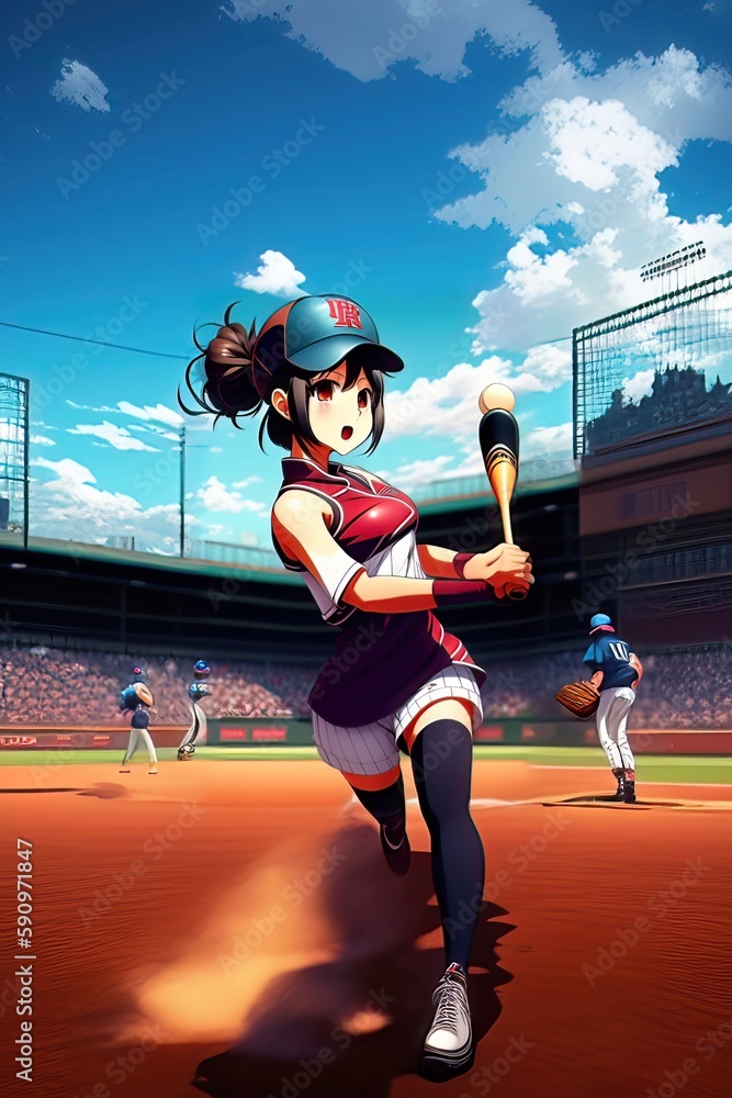 Anime style illustration of young girl holding baseball bat on white ...
