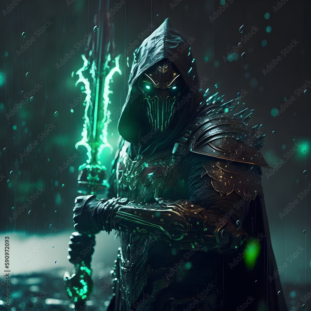 a mid evil warrior dark world in pure black armor holding a sword mint ...