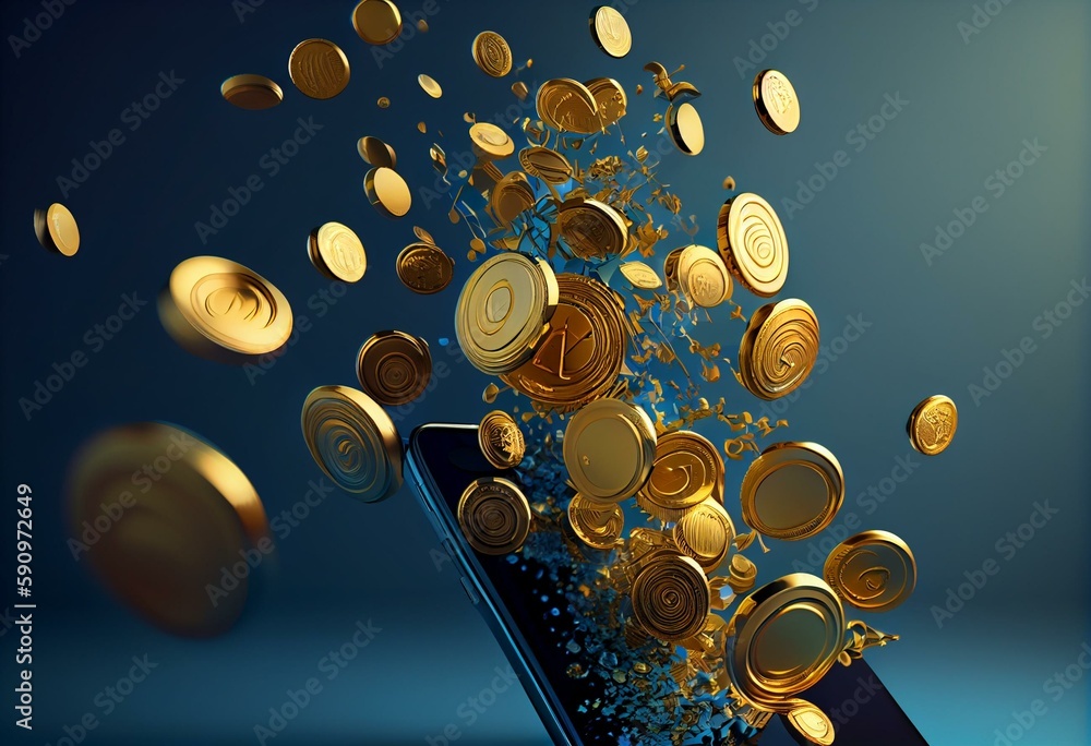 Golden coins flowing between smartphone on blue background for money ...