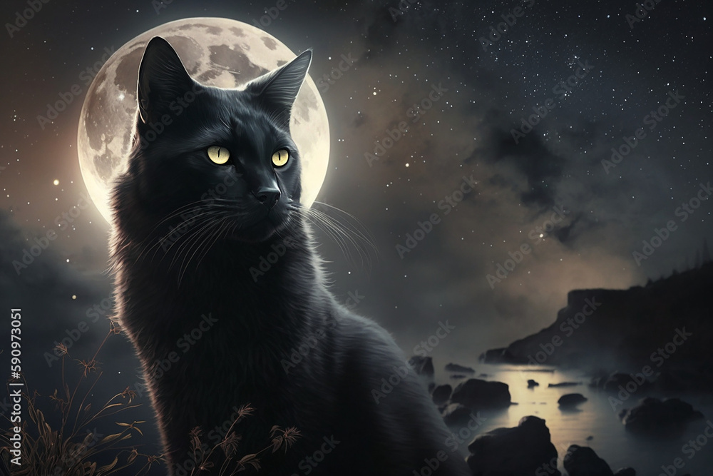 Black cat with full moon and surreal cosmic sky background illustration ...