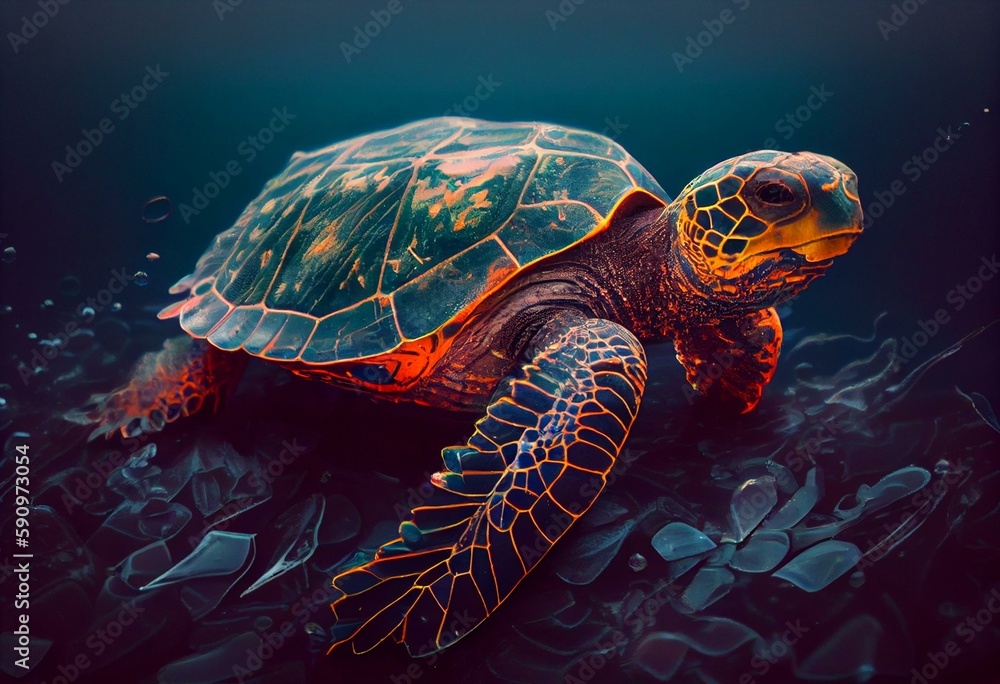 sad turtle walks out of the polluted ocean, lots of plastic waste makes ...
