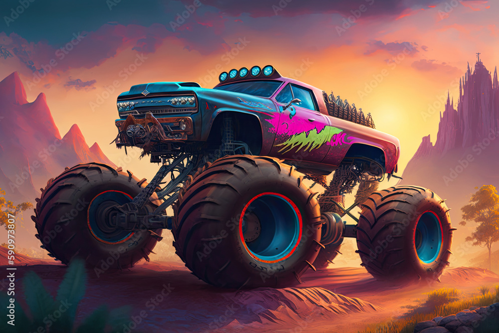 nice illustration of a big monster truck driving through rocky terrain ...