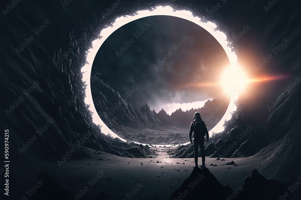 Spaceman travel through the space with mysterious sci-fi fantasy portal ...