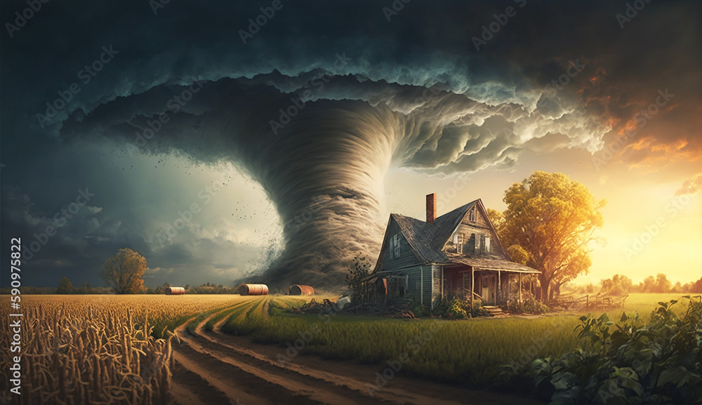 Generative AI created Tornado Scene with farm house at sunset ...