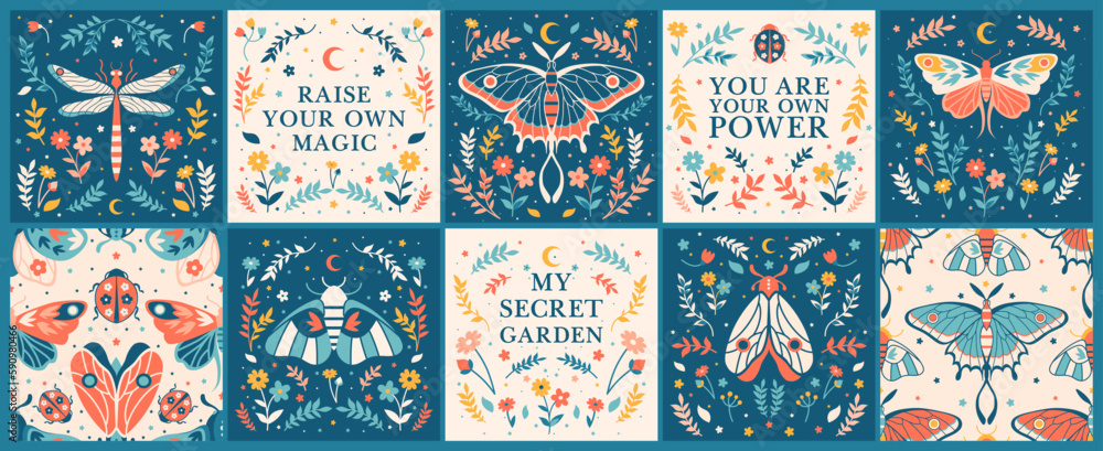 Vektorová grafika „Square boho mystic botanical prints and folk ...