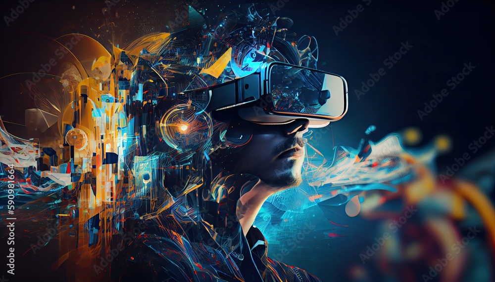 AI Metaverse concept collage design with wearing VR headset with smart ...
