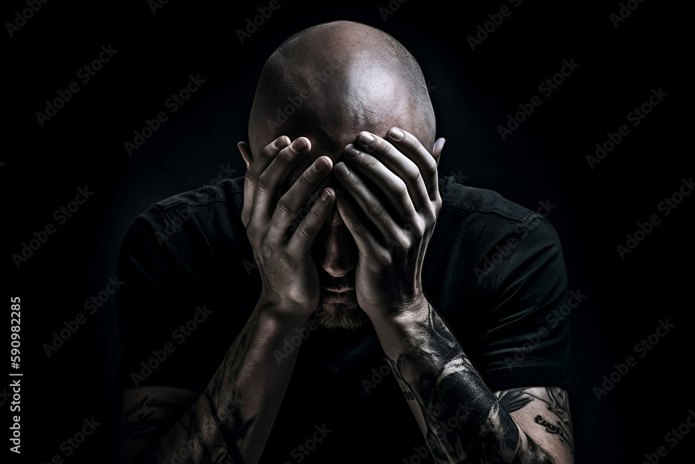 Depressed bald man sitting in dark room with hands on his face on black ...