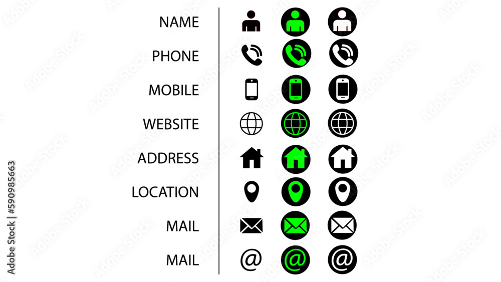 Company Connection business card icon set. Phone, name, website ...