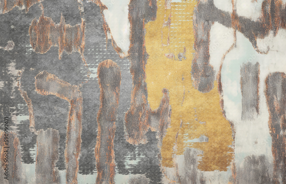 Abstract oil painting art. Sprinkle paint on the paper. Shiny gold vein ...