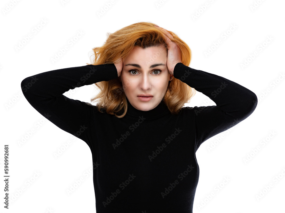 Portrait of surprised forty year old woman grimace on her face, with ... Portrait of surprised forty year old woman grimace on her face, with ...
