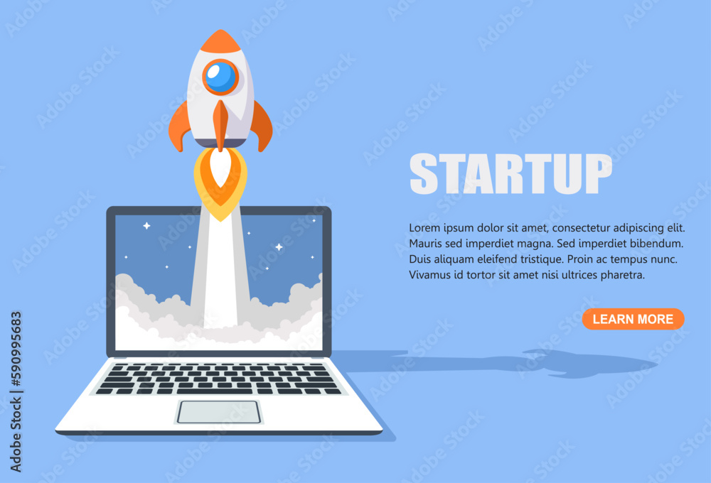 Cartoon Rocket launch from the laptop. Startup concept. Digital ...