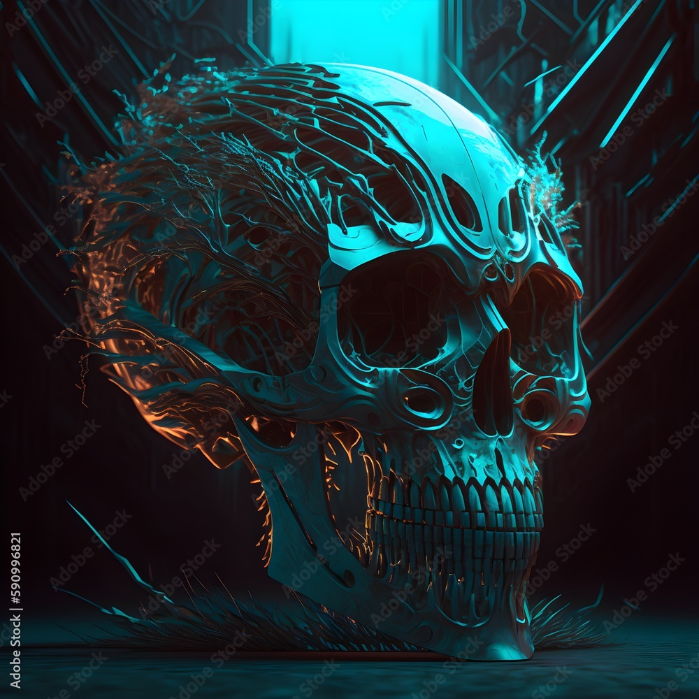 A beautiful AI skull uncanny valley cyan metallic accents decorating ...