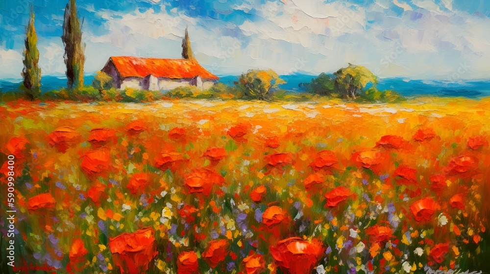 painting of a field of flowers near a house, palette knife ...
